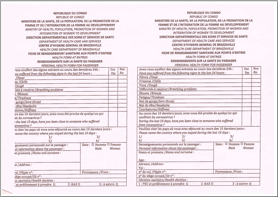 HEALTH FORM SHEET - BRAZZAVILLE INTERNATIONAL AIRPORT